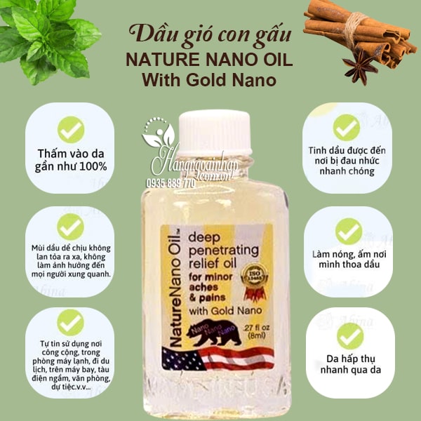 Dầu gió con gấu Nature Nano Oil With Gold Nano 8ml của Mỹ