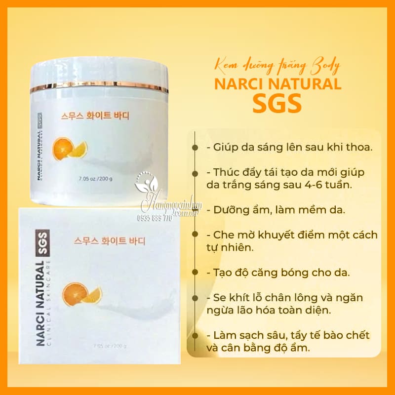 Kem dưỡng trắng body Narci Natural SGS 200g của Hàn Quốc